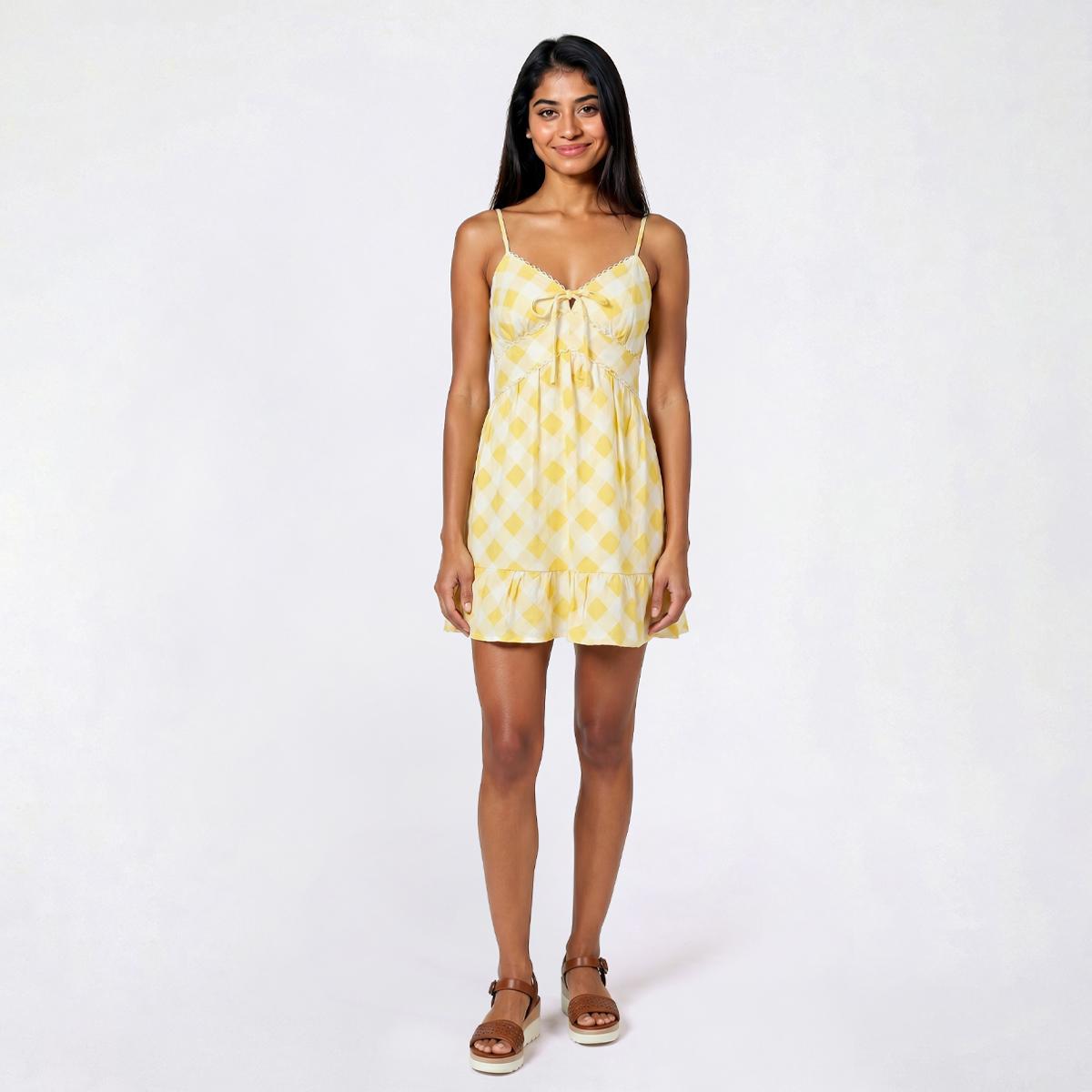 Click here for Juniors Trixxi Checkered Linen Tie Front Flounce H... prices